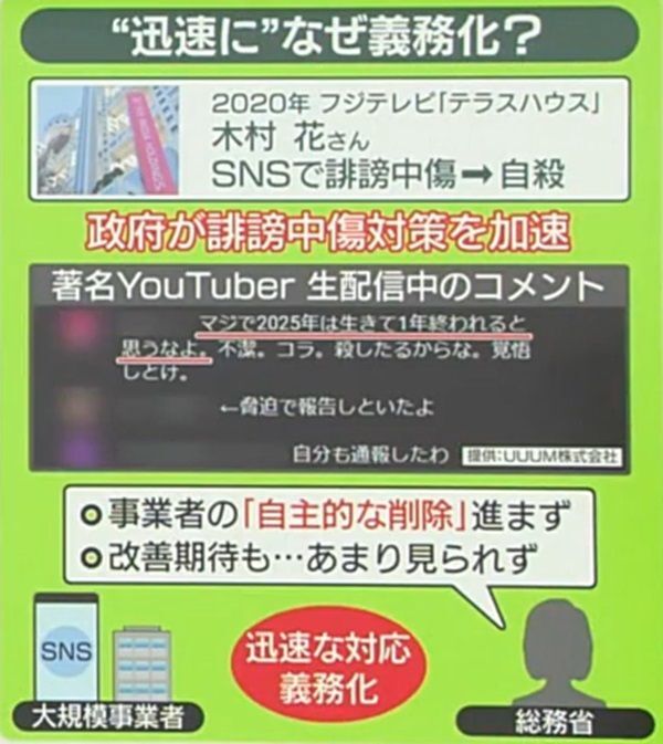 SNSの誹謗中傷、「削除」進む？ 罰金は最大1億円…“迅速な対応”法的な義務に 専門家「攻撃する側への抑止効果も」 (日テレNEWS NNN) - Yahoo!ニュース
